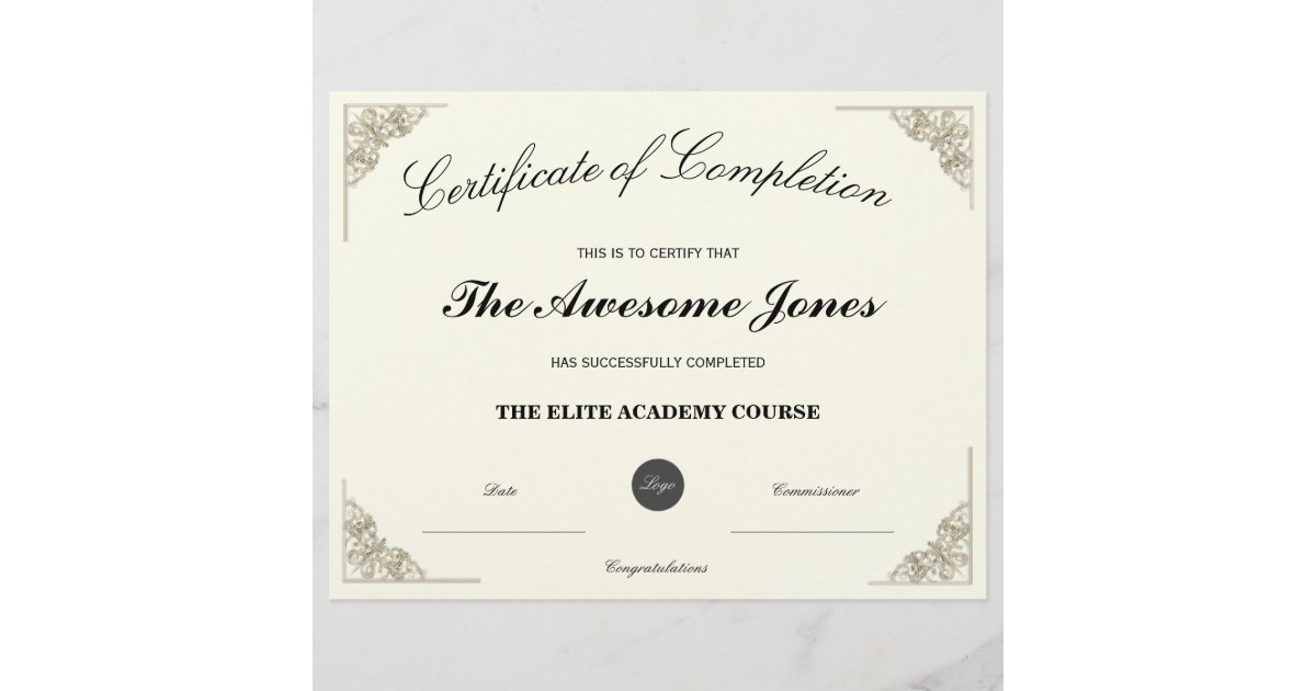 Elegant Certificate of Completion with Custom Logo | Zazzle