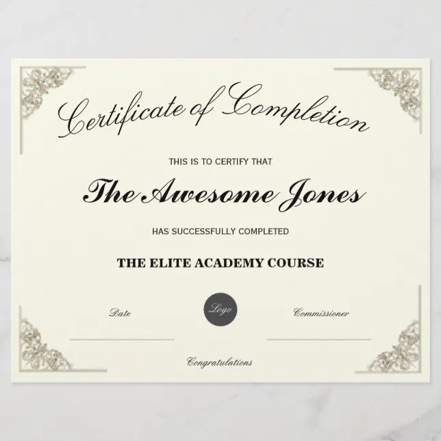 Elegant Certificate of Completion with Custom Logo | Zazzle