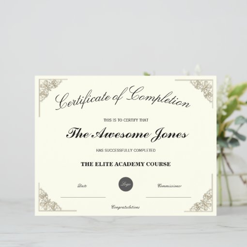 Elegant Certificate of Completion with Custom Logo | Zazzle