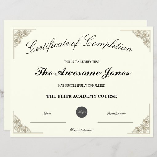 Elegant Certificate of Completion with Custom Logo | Zazzle