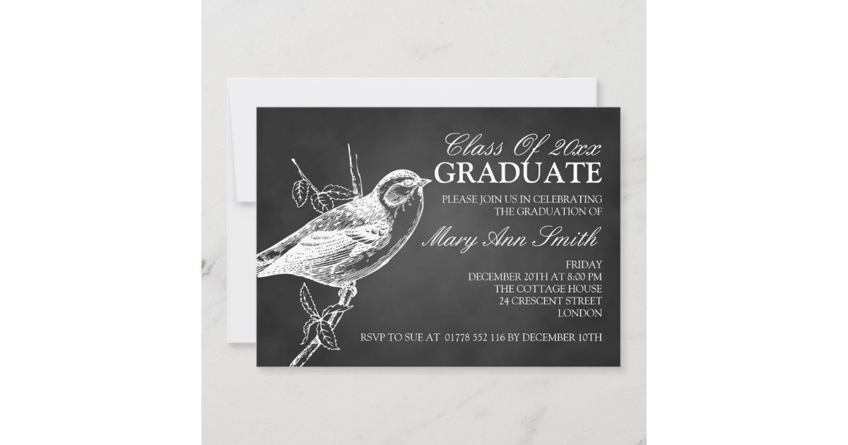 Elegant Chalkboard Bird Graduation Party Black Invitation | Zazzle