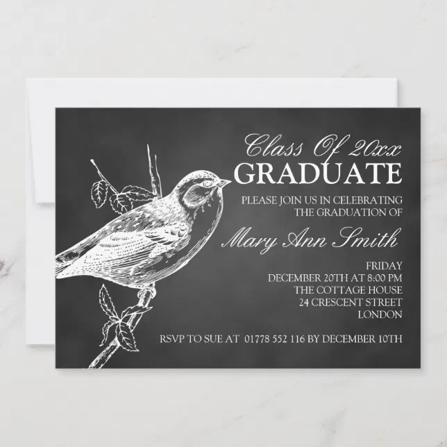 Elegant Chalkboard Bird Graduation Party Black Invitation | Zazzle