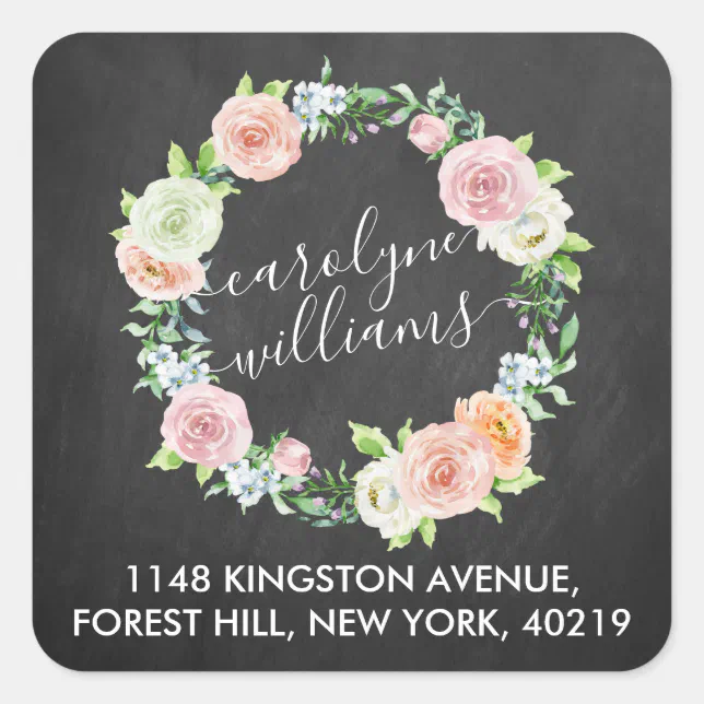 Elegant Chalkboard Floral Wreath Return Address Square Sticker | Zazzle