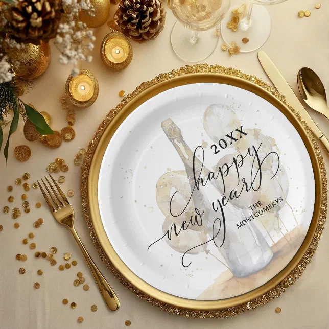 Elegant Champagne and Balloons Happy New Year Paper Plates | Zazzle