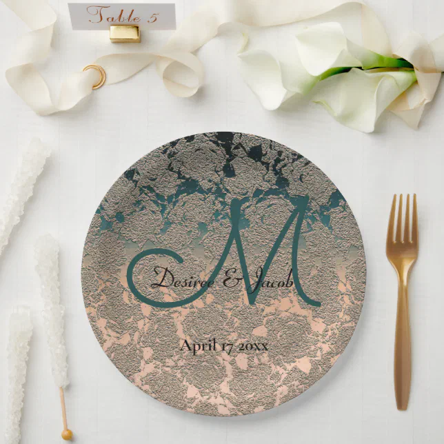 Elegant Champagne And Teal Wedding Theme Monogram Paper Plates | Zazzle