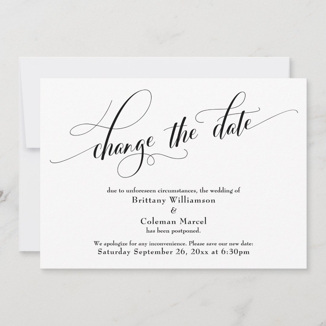 Elegant Change the Date White Wedding Announcement | Zazzle