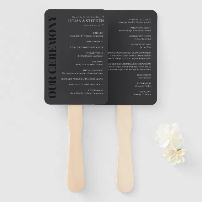 Elegant Charcoal Typography Wedding Program Hand Fan | Zazzle