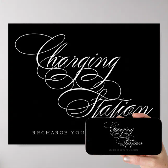 Elegant Charging Station White Script | Table Sign | Zazzle