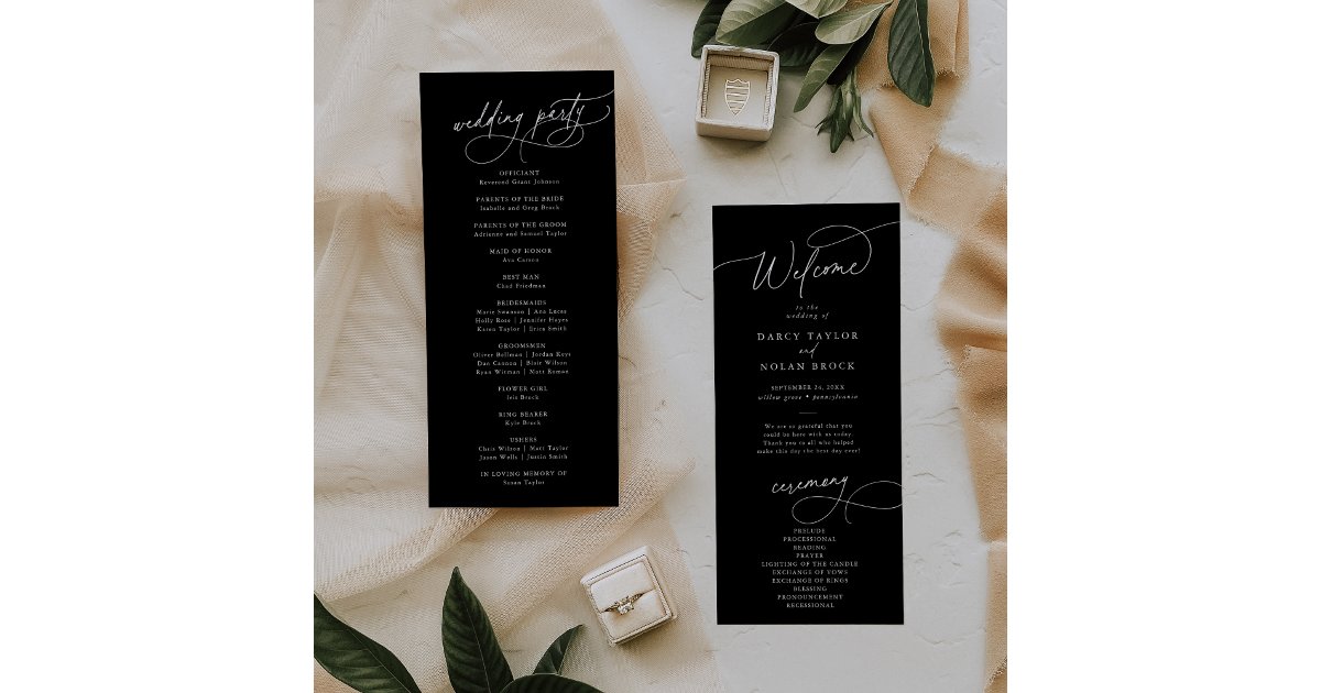 Elegant Charm Flat Dark Black Wedding Program | Zazzle