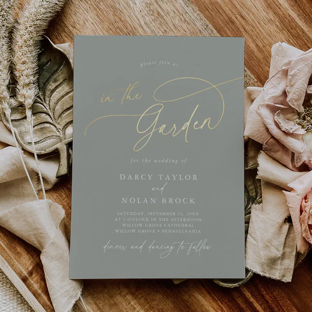 Elegant Charm Gold Foil Green Garden Wedding Foil Invitation | Zazzle
