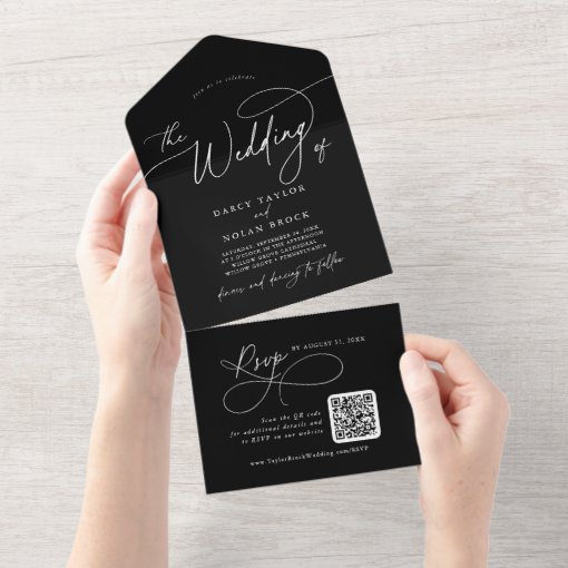 Elegant Charm QR Code Black Wedding All In One Invitation | Zazzle