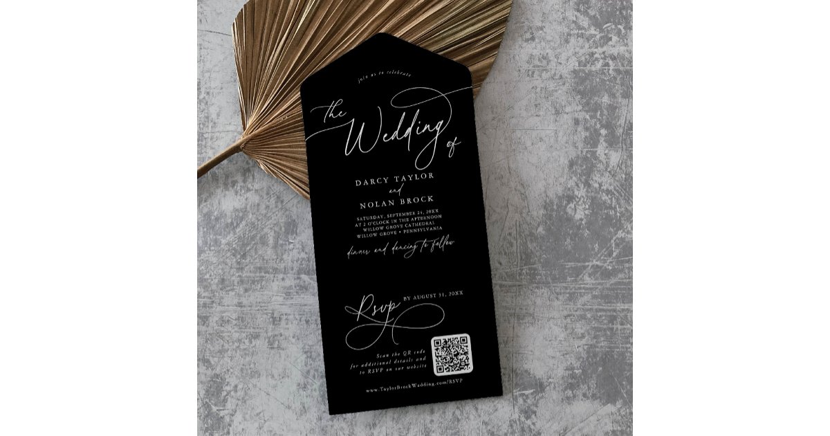 Elegant Charm QR Code Black Wedding All In One Invitation | Zazzle