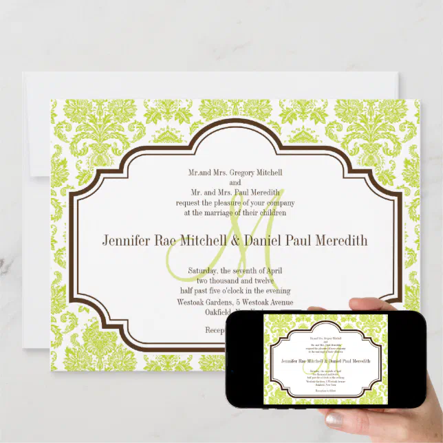Elegant Chartreuse Damask Wedding Invitations | Zazzle