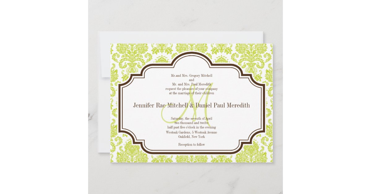 Elegant Chartreuse Damask Wedding Invitations | Zazzle