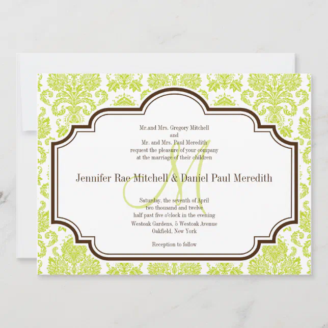 Elegant Chartreuse Damask Wedding Invitations | Zazzle