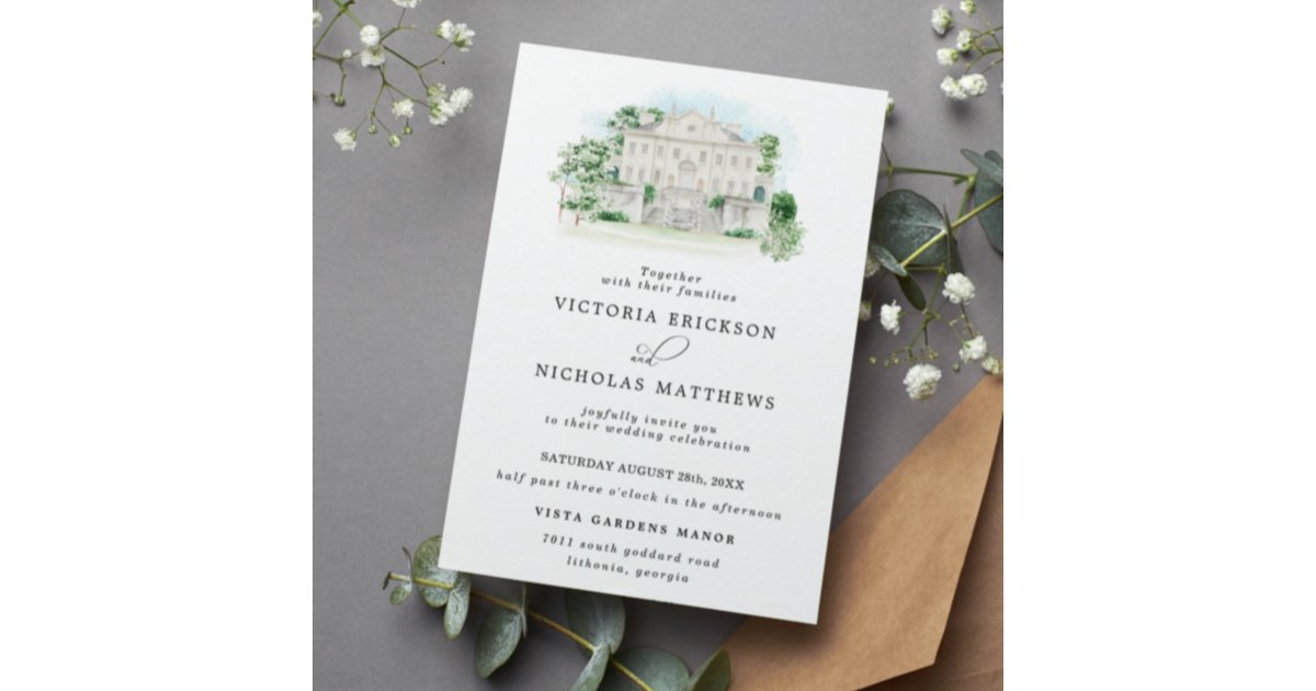 Elegant Chateau | Watercolor Manor Wedding Invitation | Zazzle