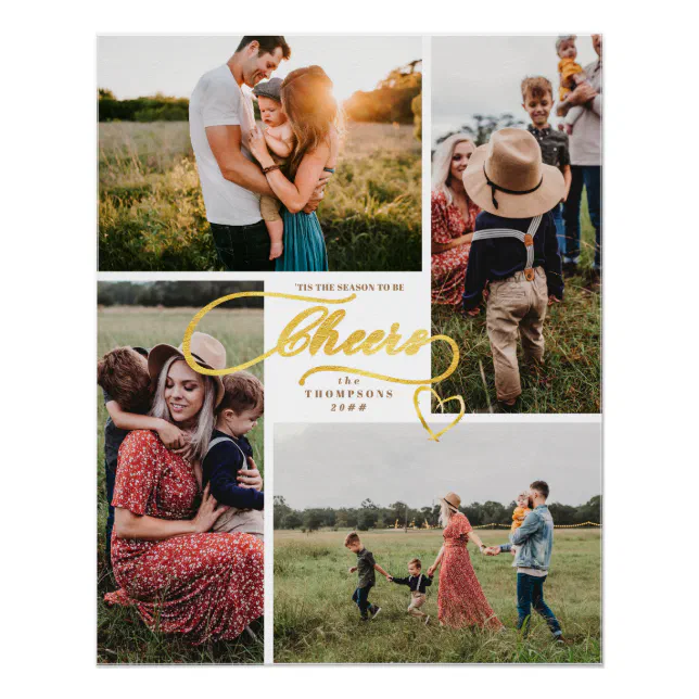 Elegant Cheers Gold Christmas Four Photo Collage Poster | Zazzle