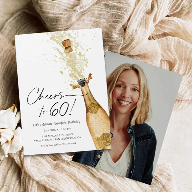 Elegant Cheers to 60 Birthday Photo Invitation | Zazzle