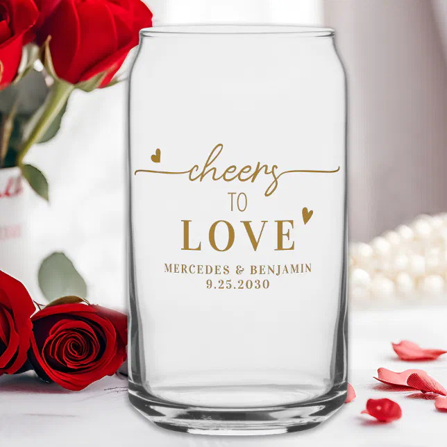 Elegant Cheers To Love Custom Gold Hearts Wedding Can Glass | Zazzle