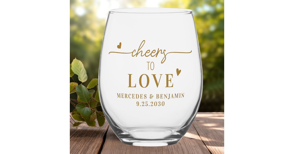 Elegant Cheers To Love Custom Gold Hearts Wedding Stemless Wine Glass ...