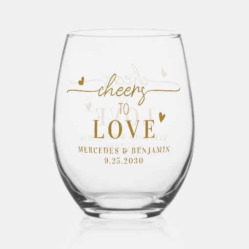 Elegant Cheers To Love Custom Gold Hearts Wedding Stemless Wine Glass ...