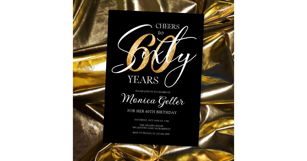 Elegant Cheers to Sixty | 60th Black Gold Birthday Invitation | Zazzle