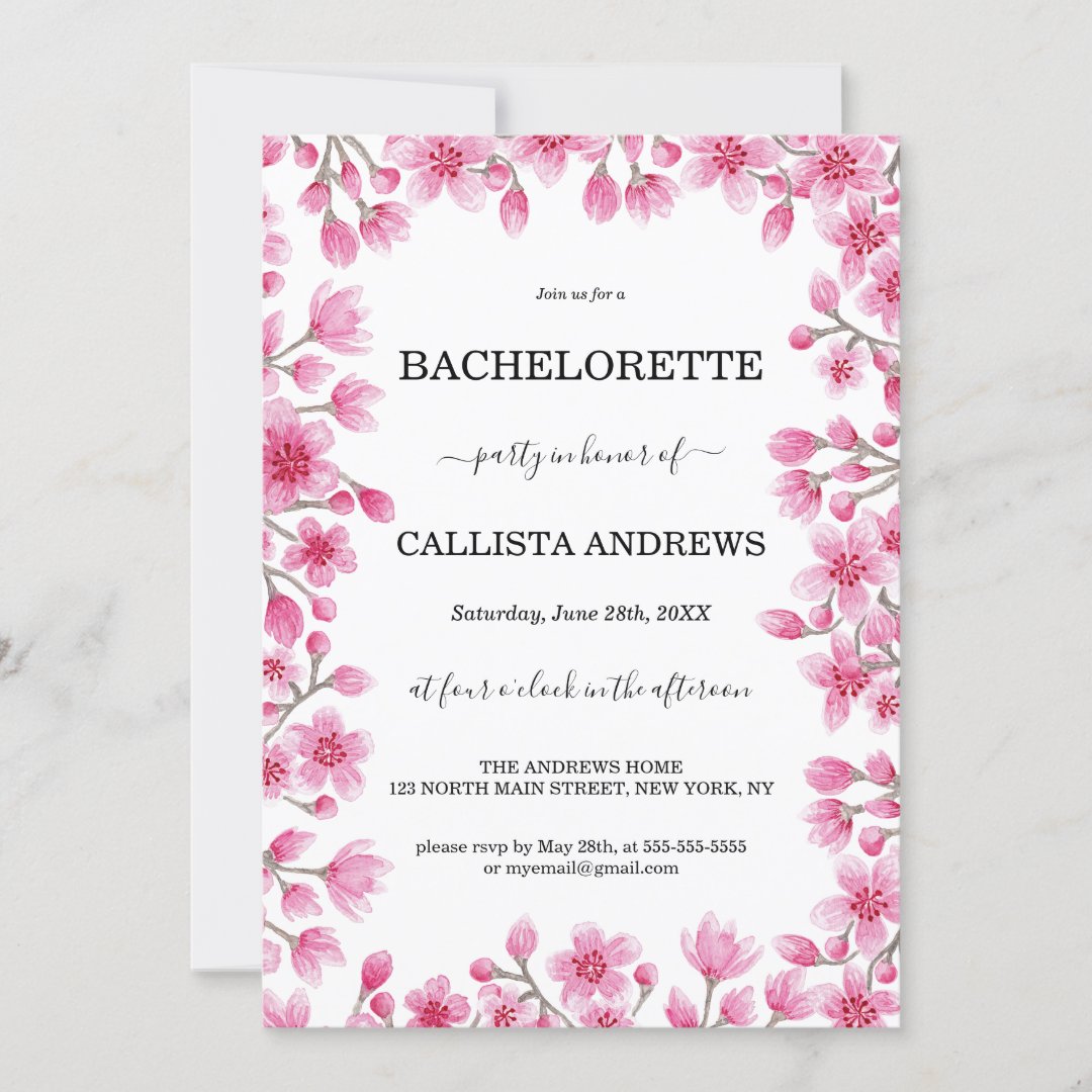 Elegant Cherry Blossom Floral Border Bachelorette Invitation | Zazzle