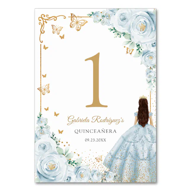 Elegant Chic Baby Blue Gold Quinceanera Table Number | Zazzle