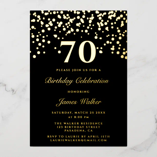 Elegant Chic Black And Gold Script 70th Birthday Foil Invitation | Zazzle