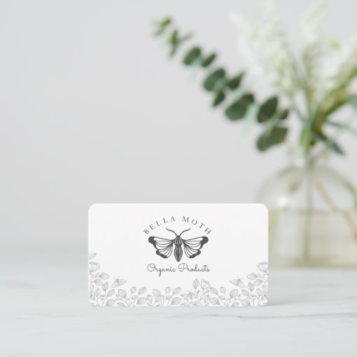 Elegant & Chic Black & White Florals & Moth Logo Business Card | Zazzle