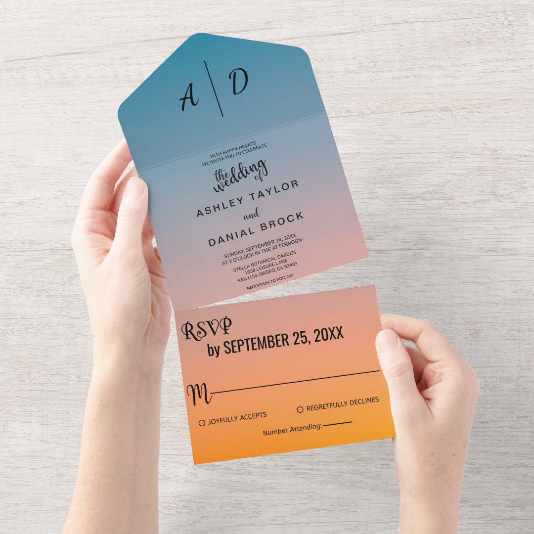 Elegant chic blue orange All in One Wedding Invite | Zazzle
