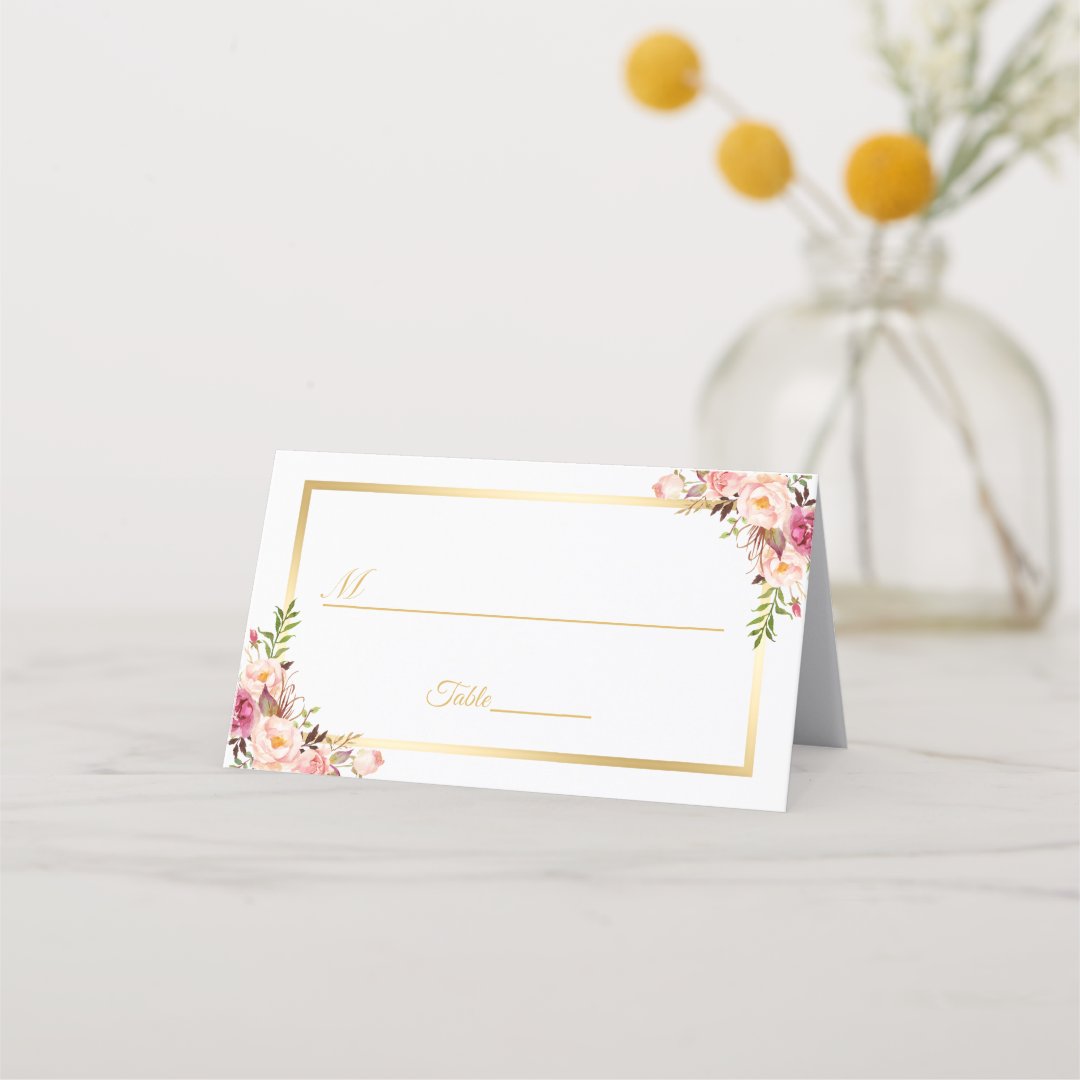 Elegant Chic Blush Pink Floral Gold Frame Wedding Place Card | Zazzle