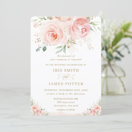 Elegant Chic Blush Pink Floral Gold Wedding Invitation | Zazzle