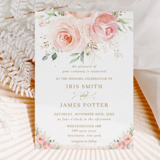 Elegant Chic Blush Pink Floral Gold Wedding Invitation | Zazzle