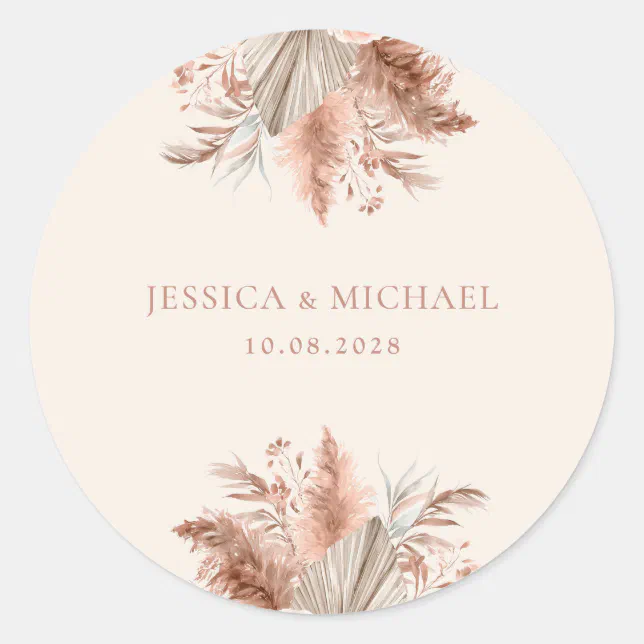 Elegant Chic Boho Pampas Floral Wedding Classic Round Sticker | Zazzle