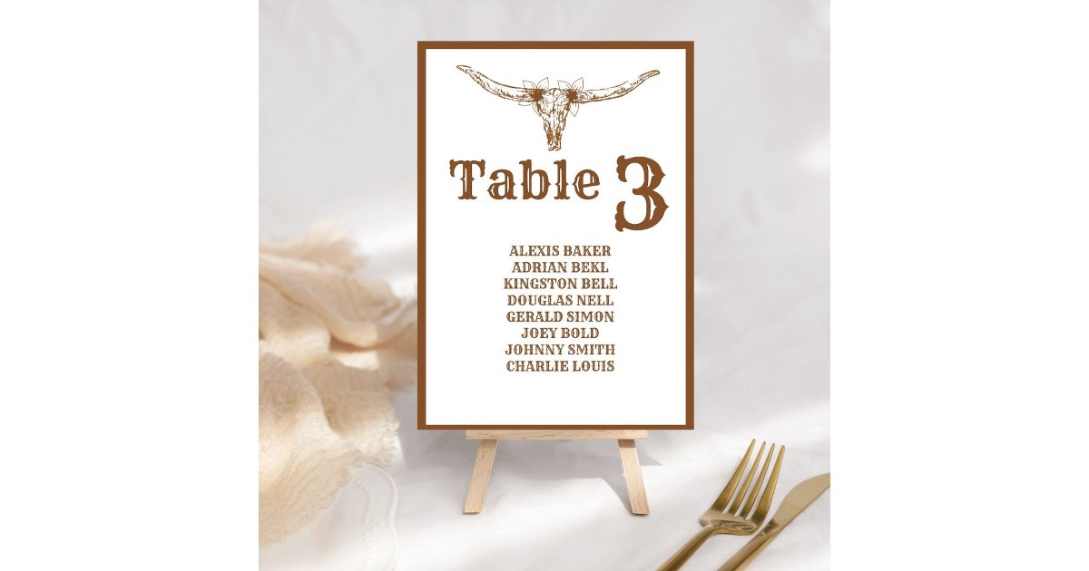 Elegant & Chic Boho Western Cowboy Name Wedding Table Number | Zazzle