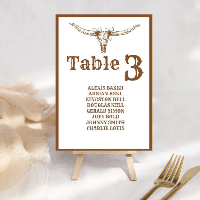 Elegant & Chic Boho Western Cowboy Name Wedding Table Number | Zazzle