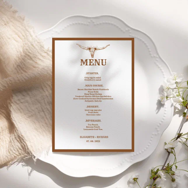 Elegant & Chic Boho Western Cowboy Wedding Menu | Zazzle