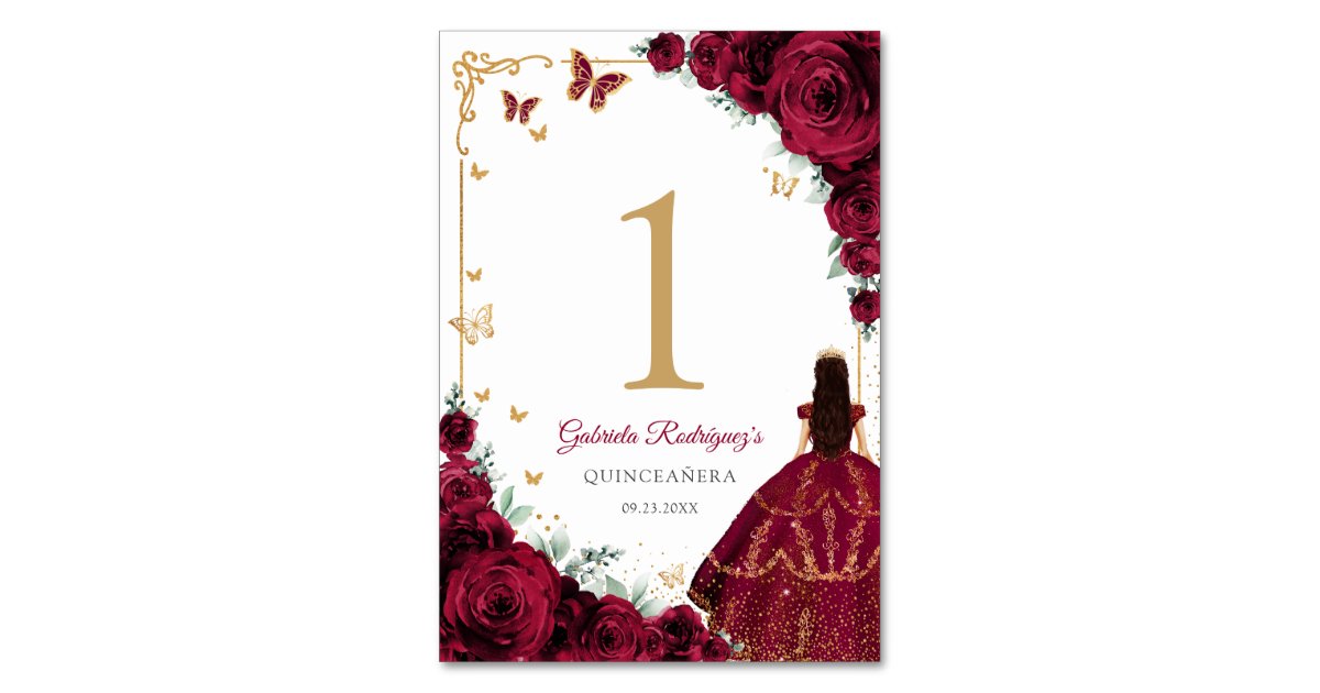 Elegant Chic Burgundy Roses Gold Quinceanera Table Number | Zazzle