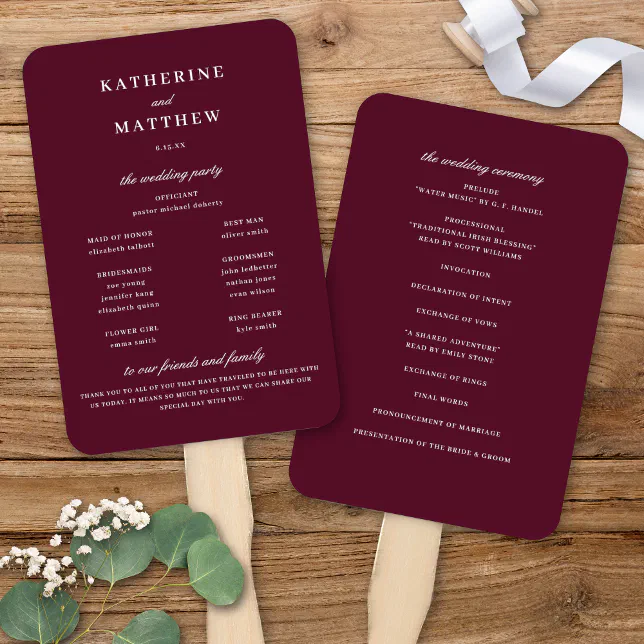 Elegant Chic Burgundy Wedding Ceremony Program Hand Fan | Zazzle
