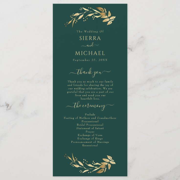 Elegant Chic Emerald Green Gold Foliage Wedding Program | Zazzle