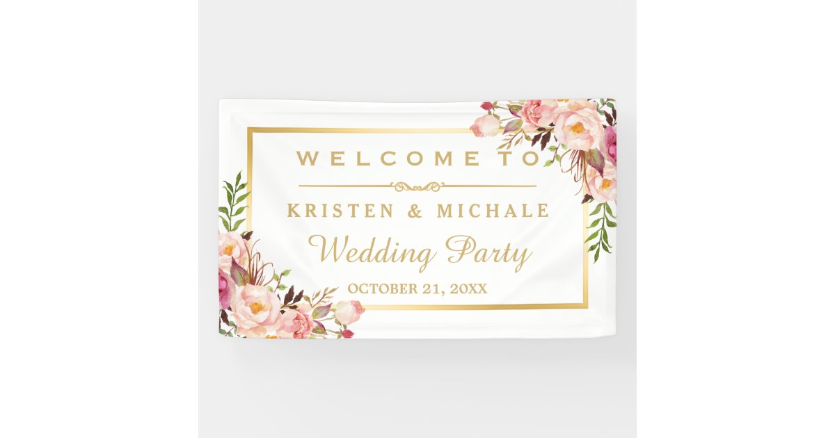 Elegant Chic Floral Gold Frame Wedding Party Banner | Zazzle
