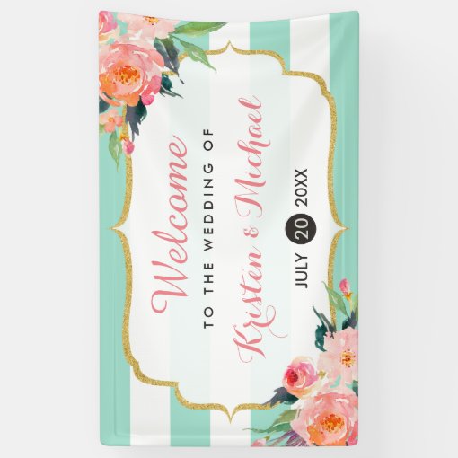 Elegant Chic Floral Mint Green Stripes Wedding Banner | Zazzle