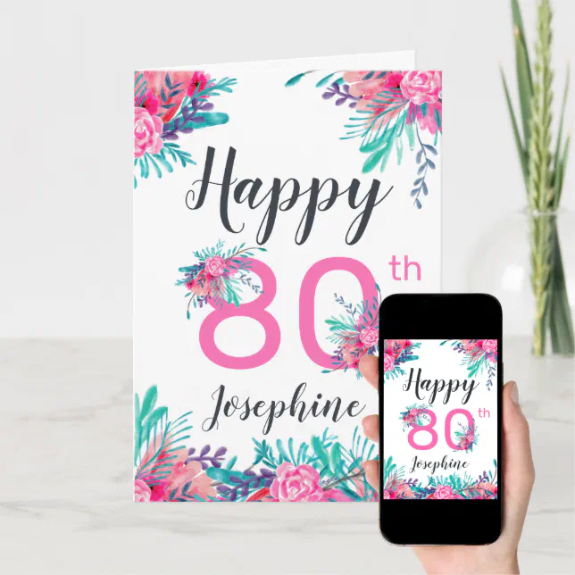 Elegant chic floral number 80th happy birthday card | Zazzle