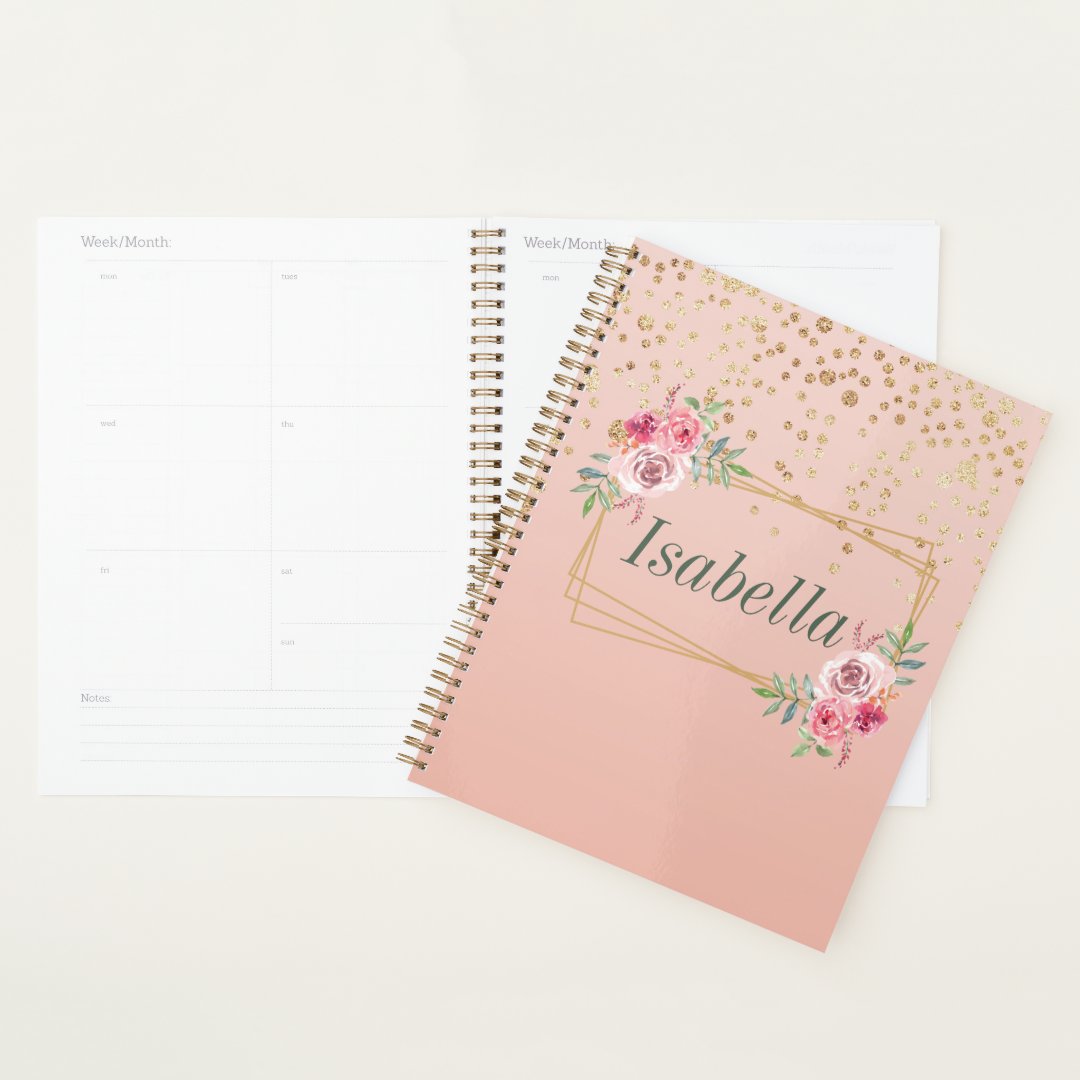 Elegant & chic gold confetti dot on pink back planner | Zazzle