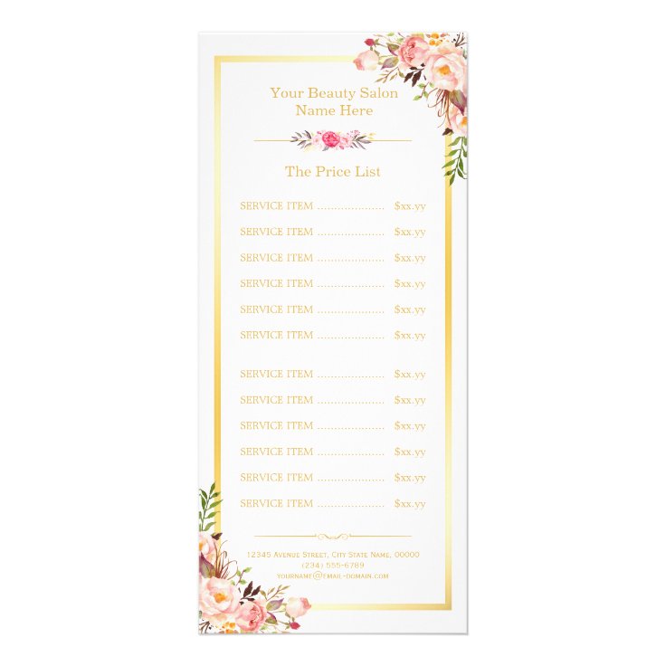 Elegant Chic Gold Frame Floral Price List Menu | Zazzle