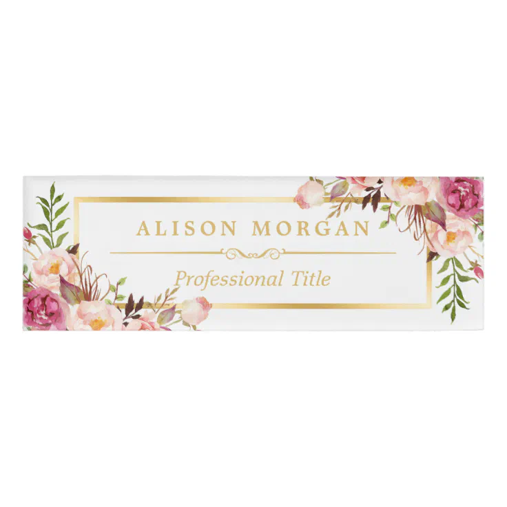 Elegant Chic Gold Frame Girly Pink Floral Beauty Name Tag | Zazzle