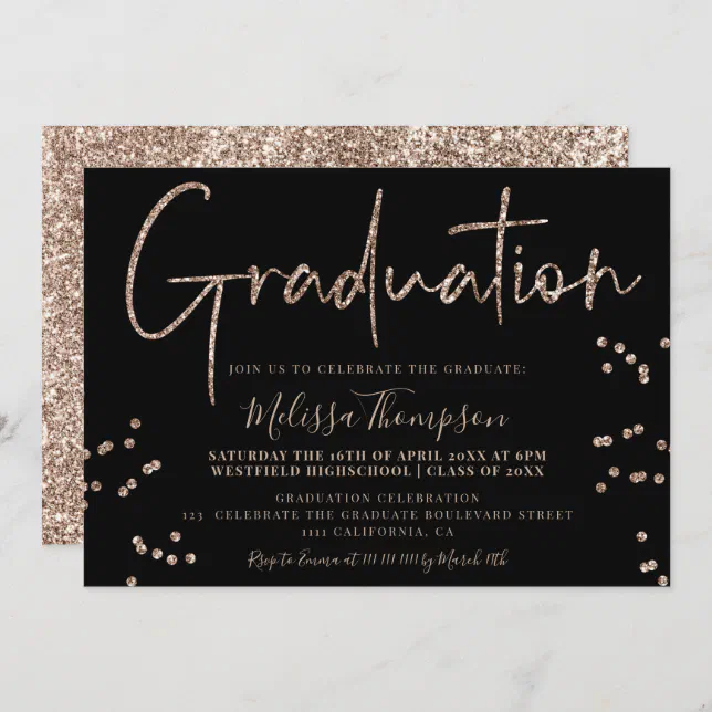 Elegant chic gold glitter script black graduation invitation | Zazzle