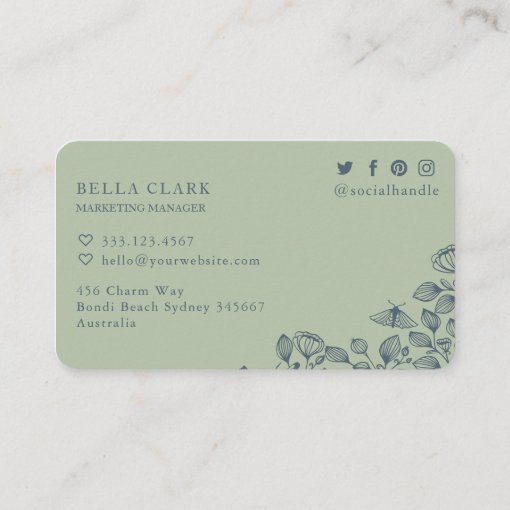 Elegant & Chic Green & Blue Florals & Moth Logo Business Card | Zazzle