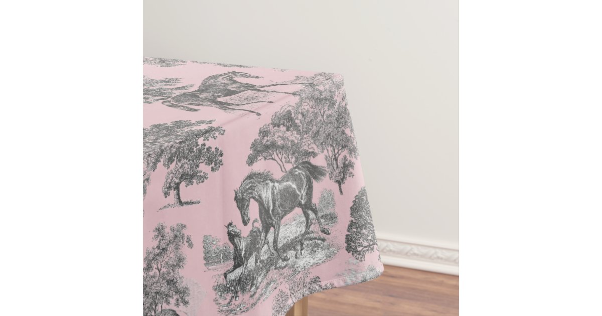 Elegant Chic Grey Pink Rustic Horses Toile Tablecloth | Zazzle